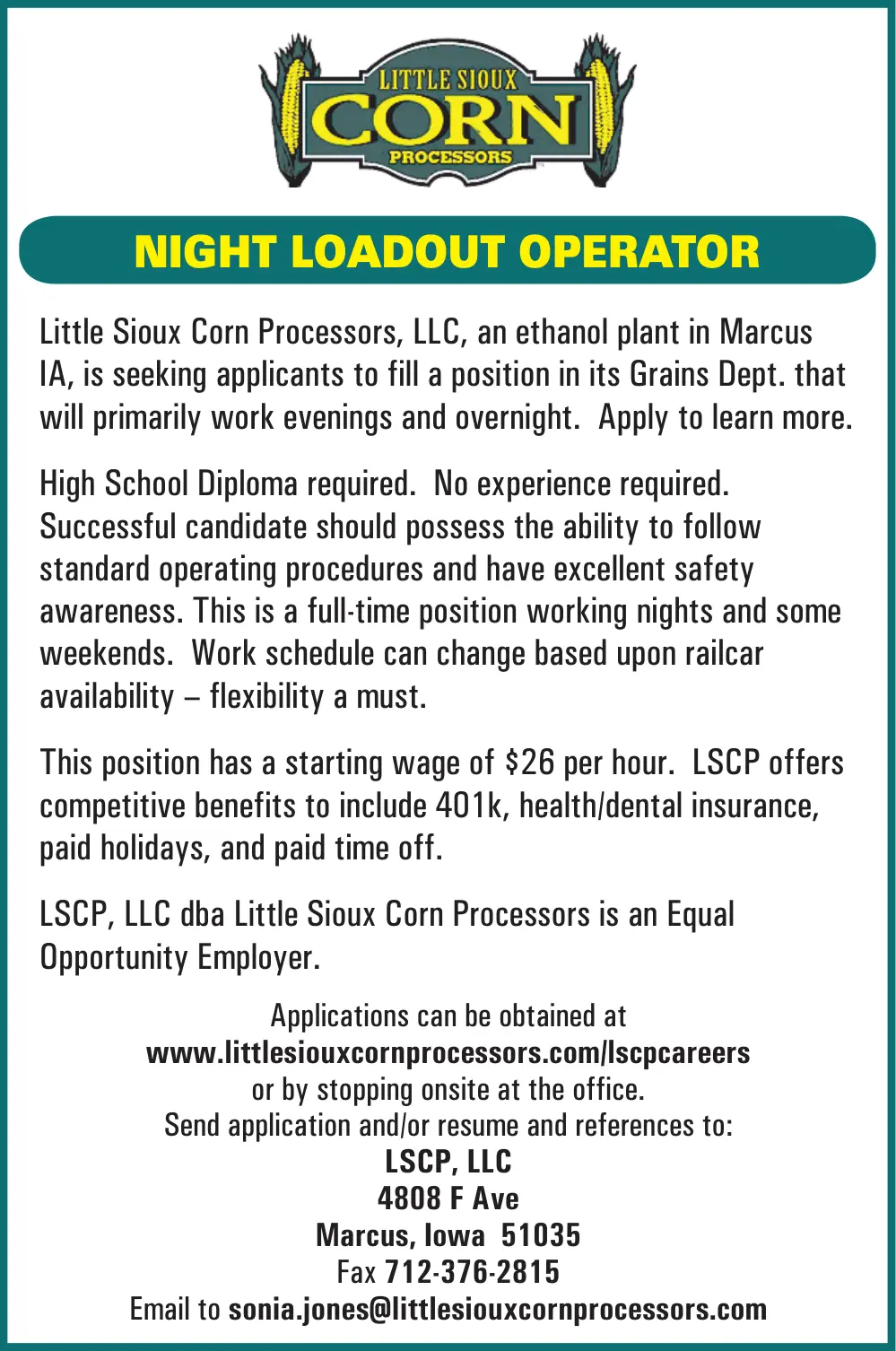 Night Loadout Operator Job in Marcus, Iowa - Little Sioux Corn Processors