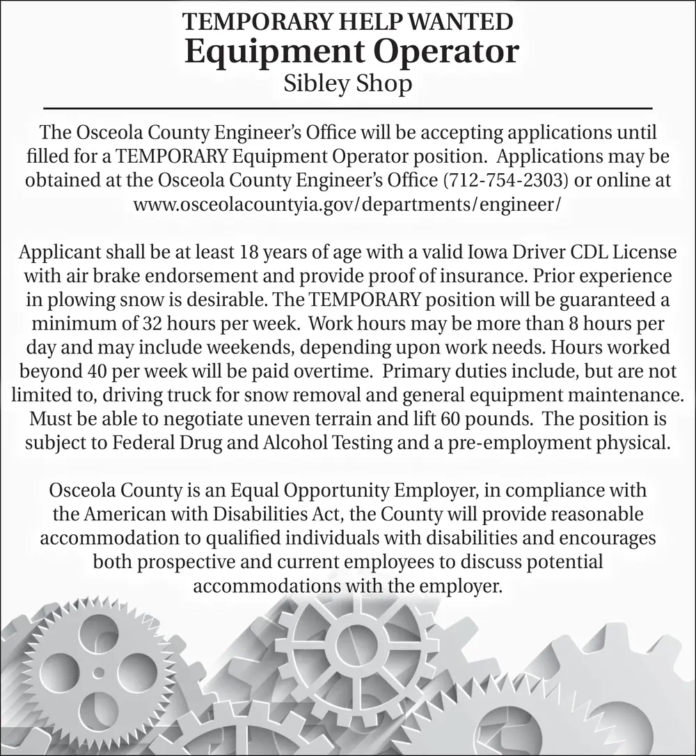 Equipment Operator Jobs in Sibley, Iowa