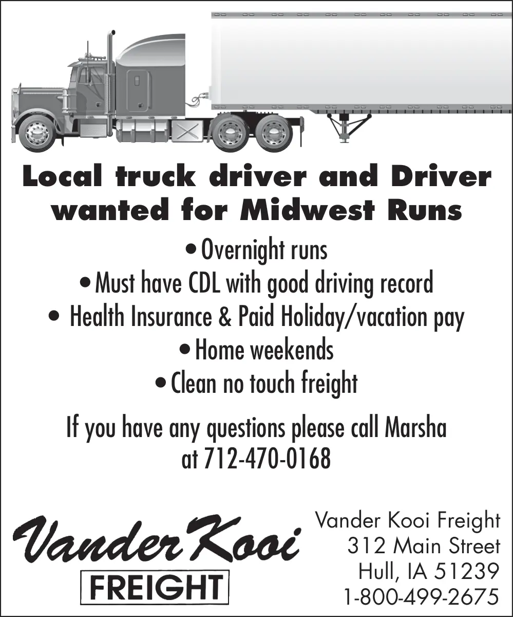 Now Hiring Truck Driver at Vander Kooi Freight - Hull, Iowa