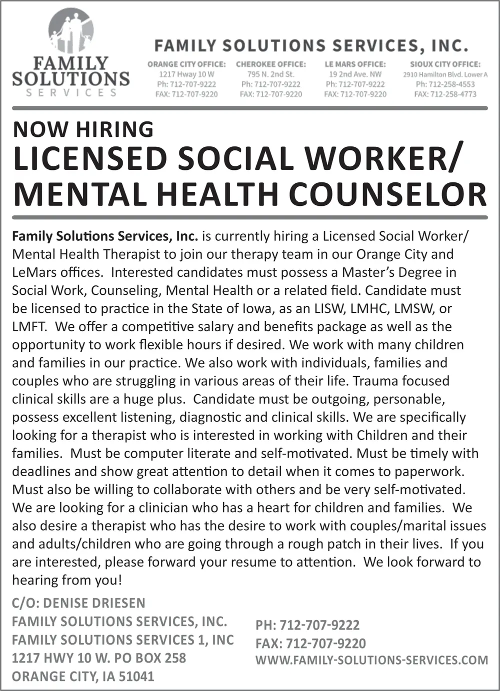 Now Hiring Licensed Social Worker in Orange City, IA