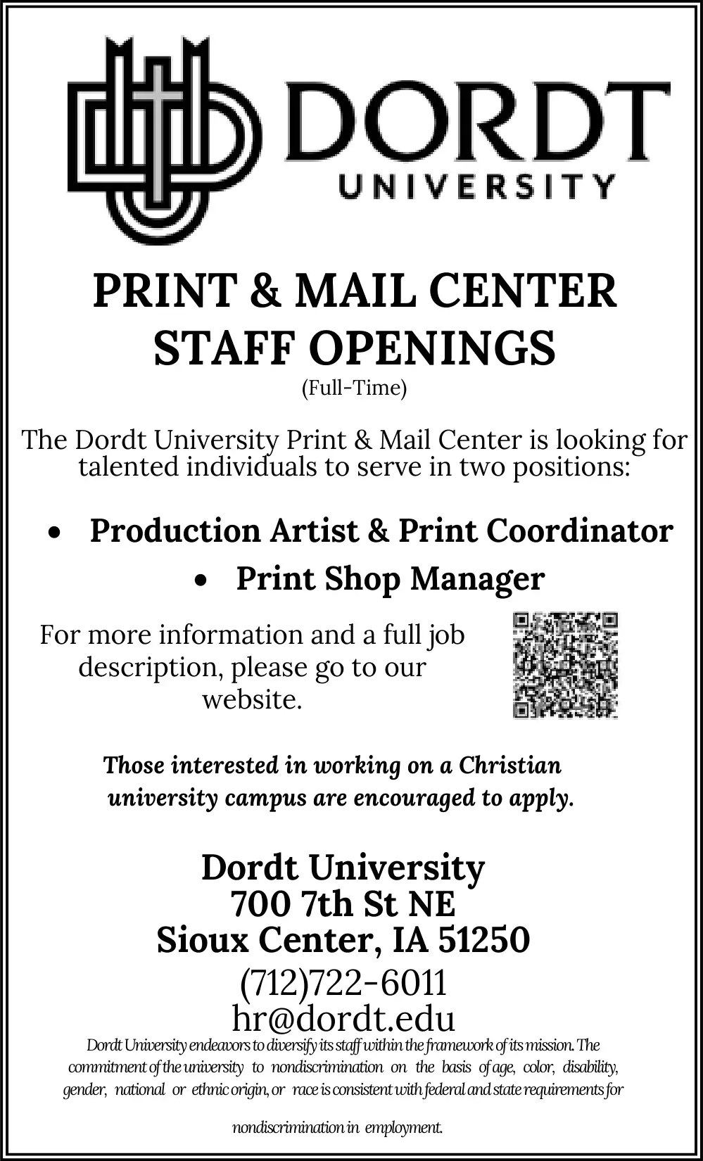Dordt University Employment Opportunities in Iowa