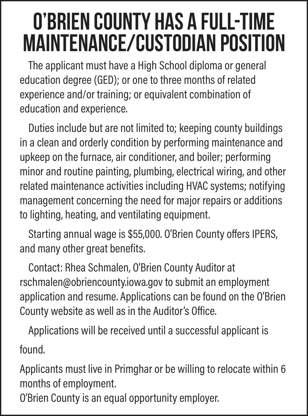 O'Brien County - Maintenance/Custodian Position Available