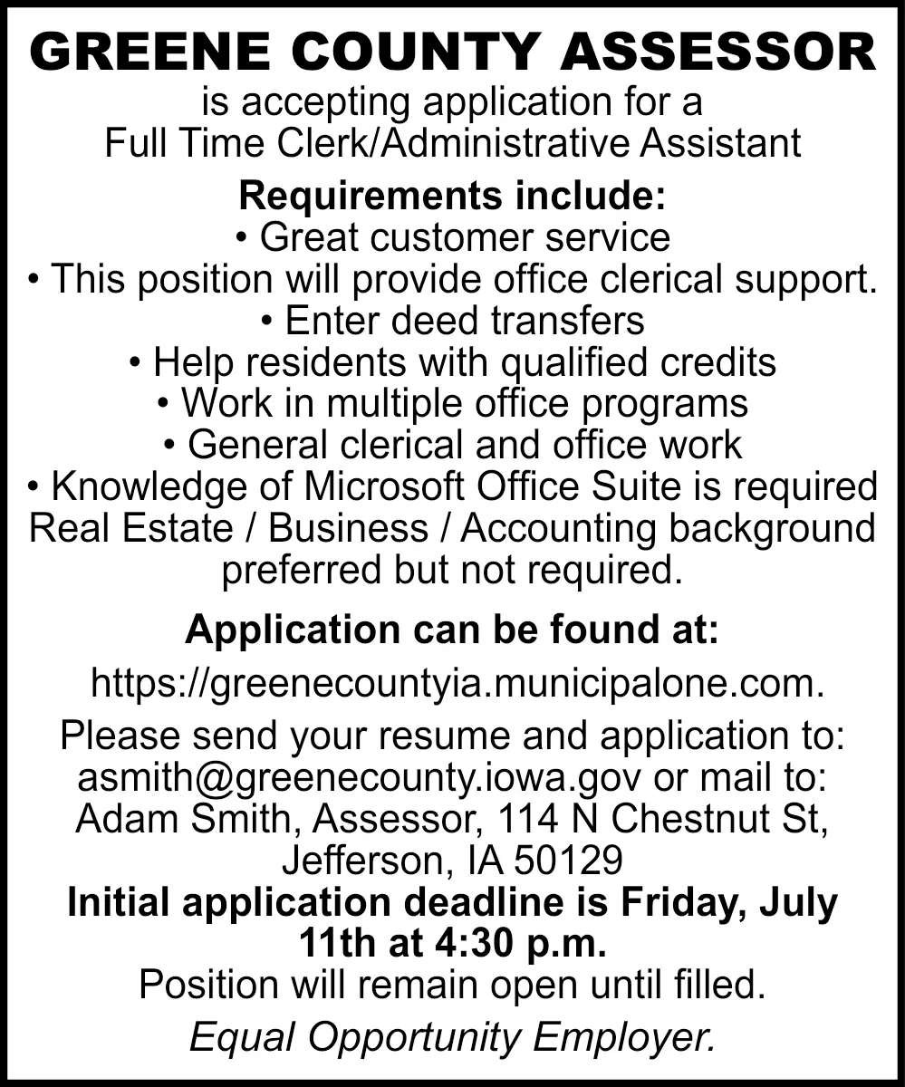 Greene County Assessor Jobs in Jefferson, IA