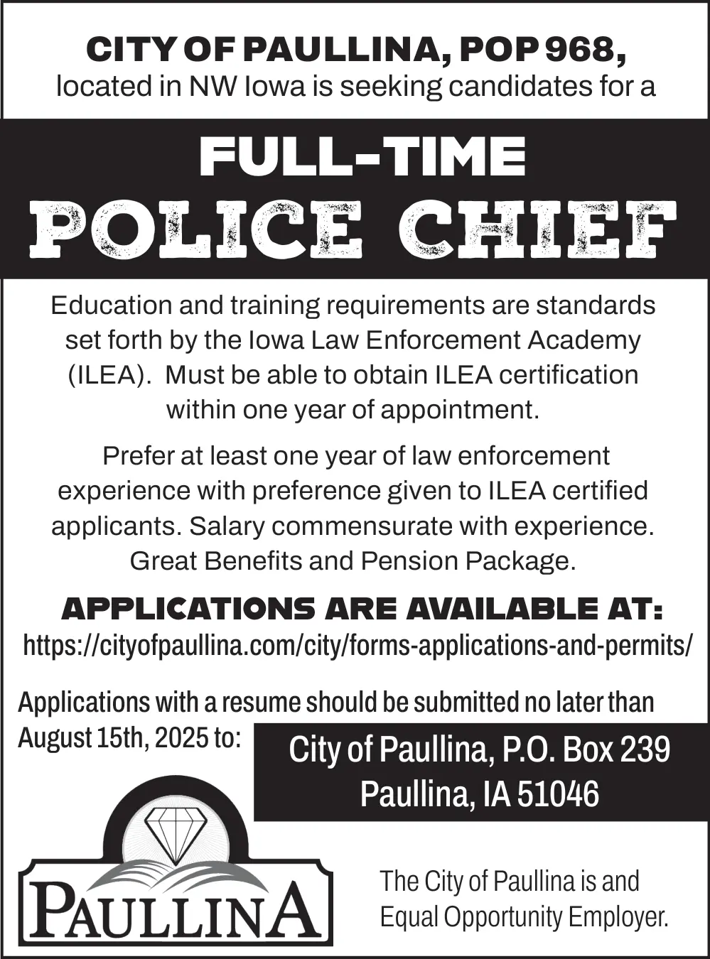 Full-Time Police Chief in Paullina, Iowa