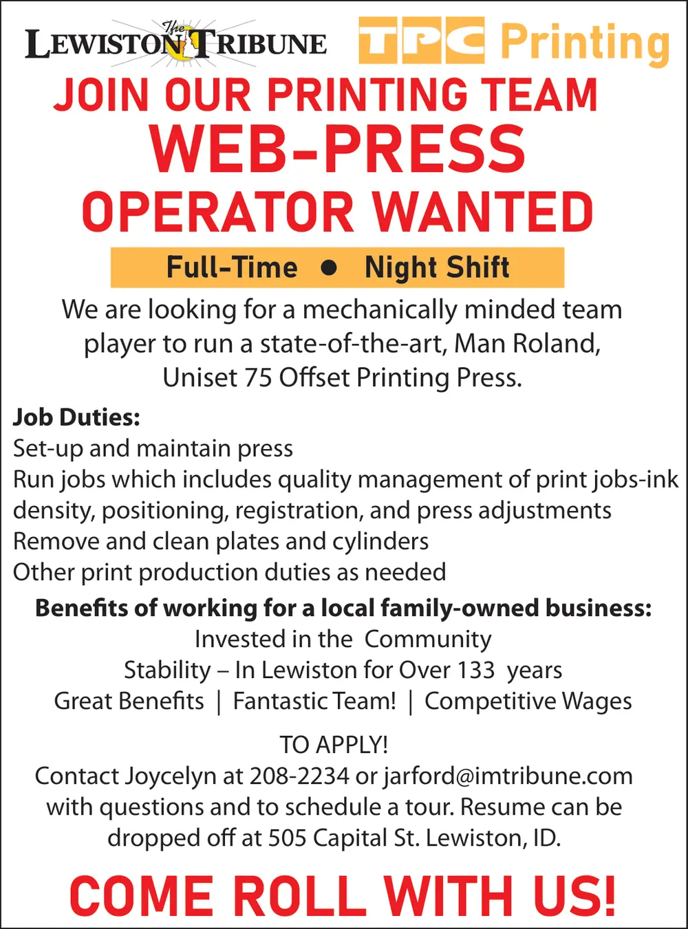 Web-Press Operator Wanted in Lewiston, ID - Join TPC Printing